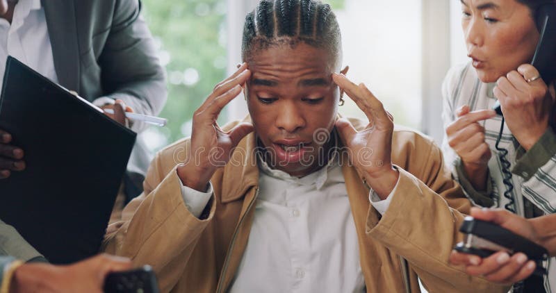 Headache Stress And Black Man With Office Chaos Burnout And Deadline