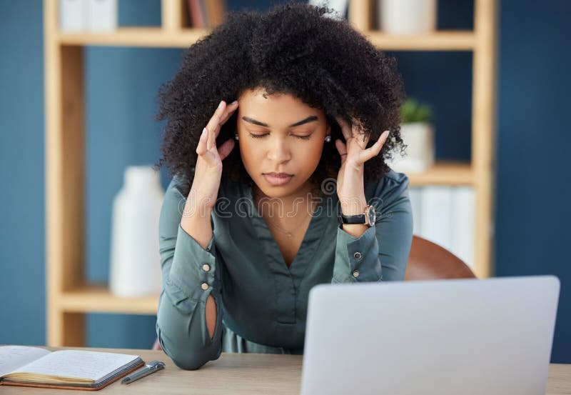 Headache, Stress and Business Woman with Laptop for Compliance ... Headache, Stress and Business Woman with Laptop for Compliance ...
