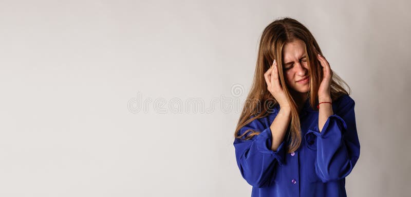Headache. Woman in Blue is Suffering from Headache Stock Image - Image ...