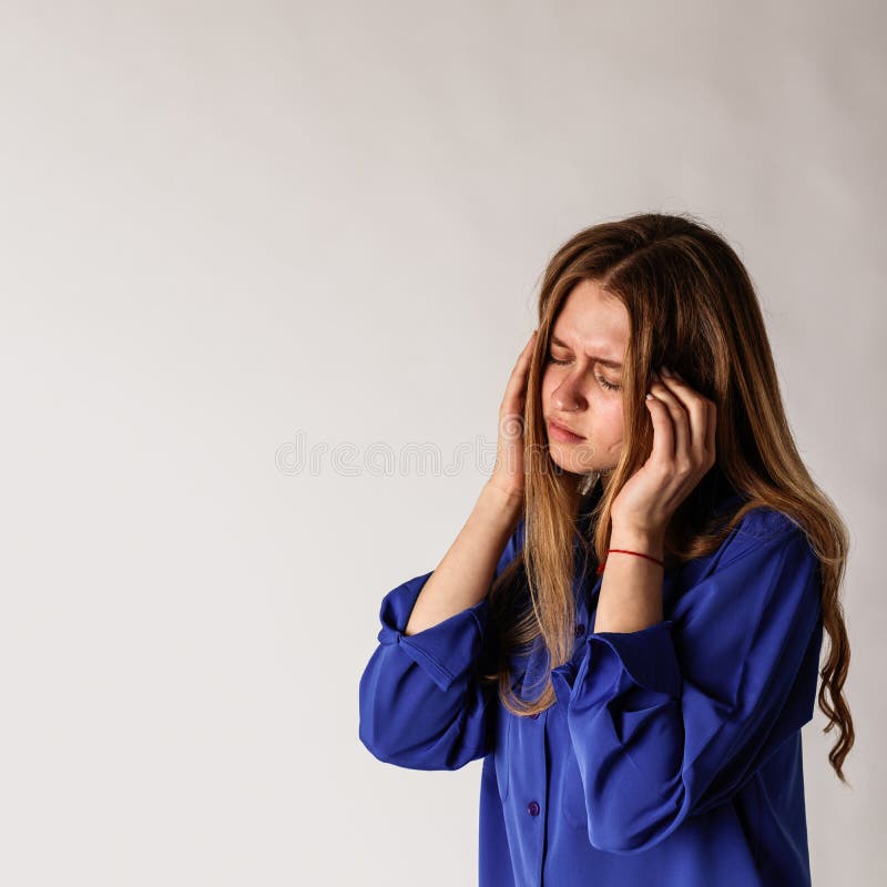 Headache. Woman in Blue is Suffering from Headache Stock Image - Image ...