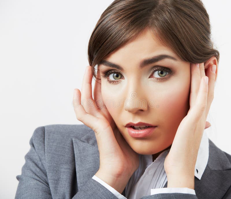Headache woman portrait stock photo. Image of brain - 130877990