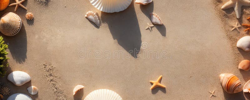 Header or Banner Mockup with Sea Shell and Starfish on Sand Beach with ...