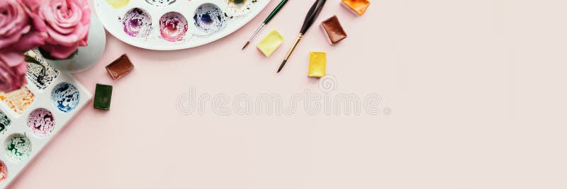 Header with Feminine Artist Workspace. Drawing Education Class Concept ...