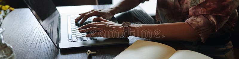 Header with Businesswoman Working on Laptop Stock Photo - Image of ...