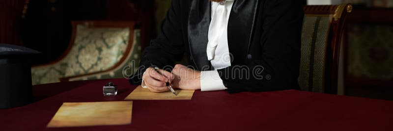 Gentleman Writing Letters at Table Header Stock Image - Image of dress ...