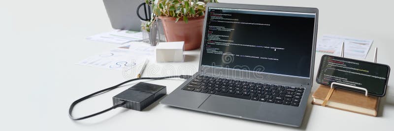 Header of Laptop and Smartphone with Codes Stock Photo - Image of ...