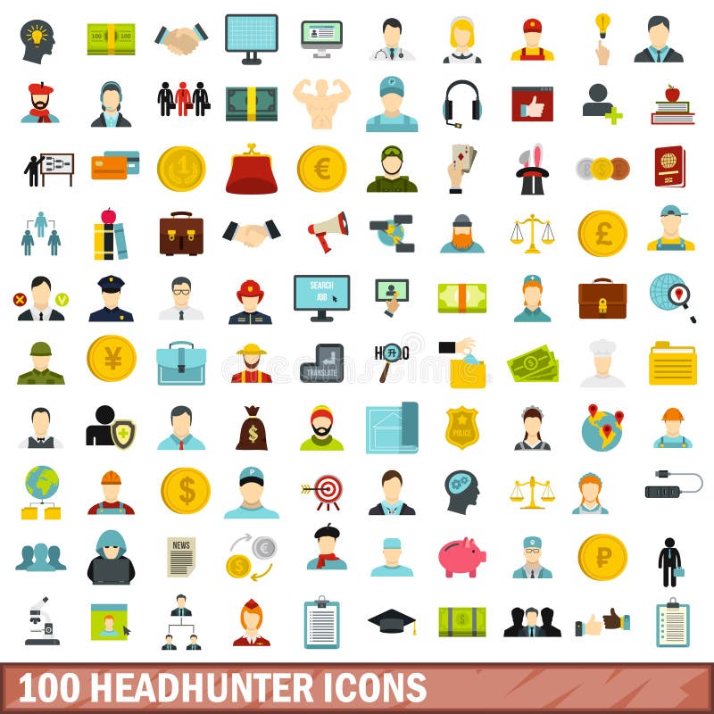100 Headhunter Icons Set, Flat Style Stock Vector - Illustration of ...