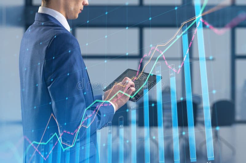 Headless Businessman Using Tablet with Growing Business Chart Grid on ...