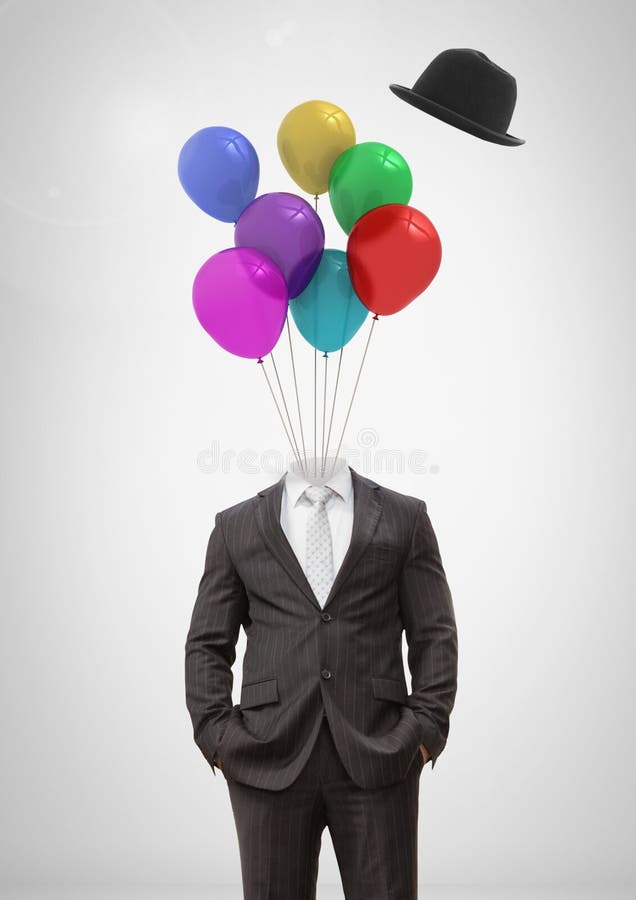 Headless Man with Surreal Floating Hat and Balloons in Front of Sky ...