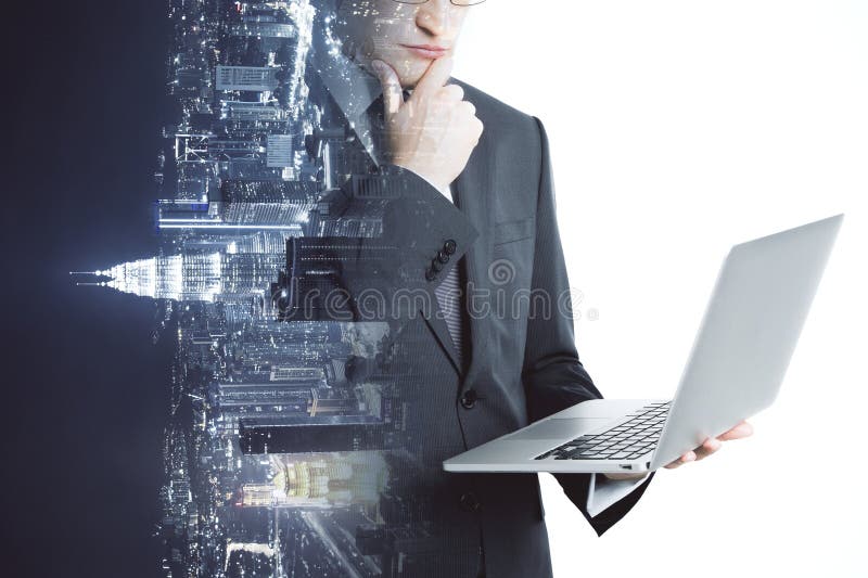 Headless Businessman Using Laptop On Abstract Sideways City Background