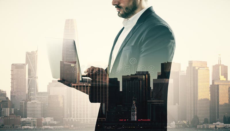 Headless European Businessman Using Laptop On Abstract Blurry City