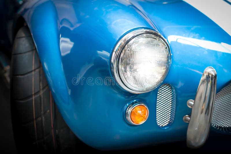Headlight Detail of Blue Classic Car Stock Photo - Image of chrome ...