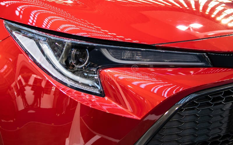 Headlight of Red Modern Car with LED Light Stock Image - Image of lamp ...