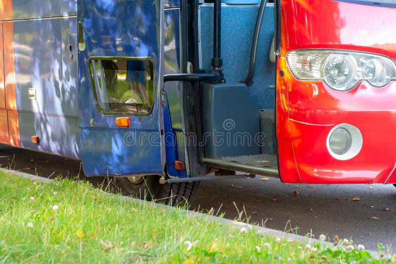 Headlight of the Red Tourist Bus Standing on Asphalt Stock Image ...