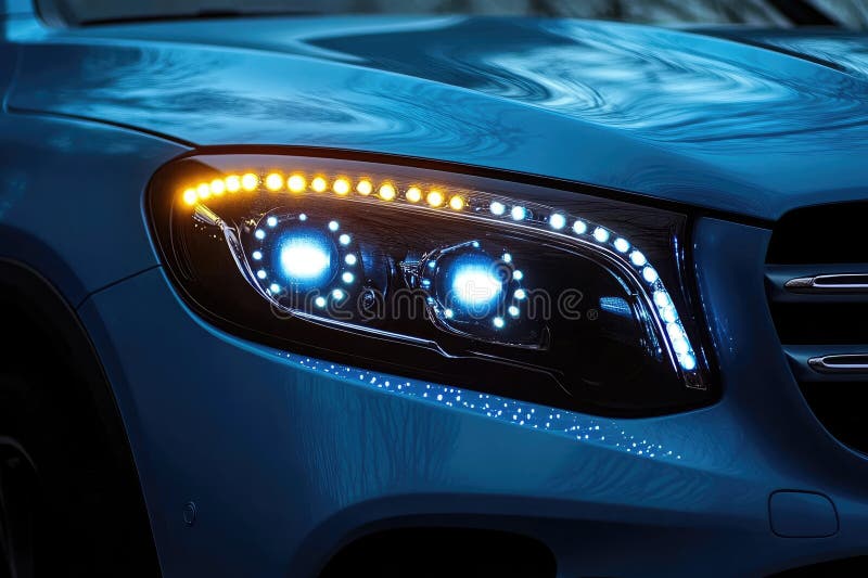 Modern Luxury Car Headlight Detail, Illuminated LED Lights Stock ...