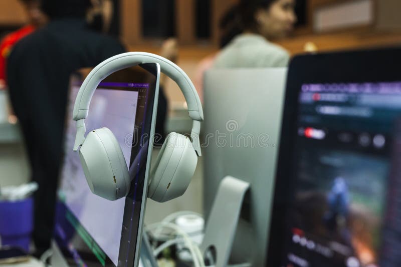 Headphone on Computer at Workplace Office Table. Audio Digital Equipment Stock Photo - Image of ...