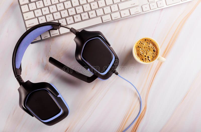 Headphone on the Table by the Keyboard in the Call Center and Technical ...