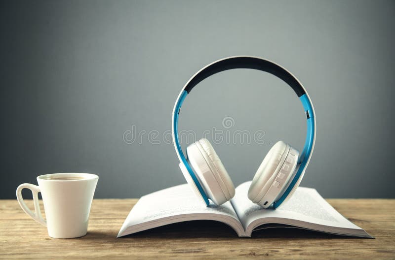 Headphones and Book on Wooden Table. Audio Book Concept Stock Image ...