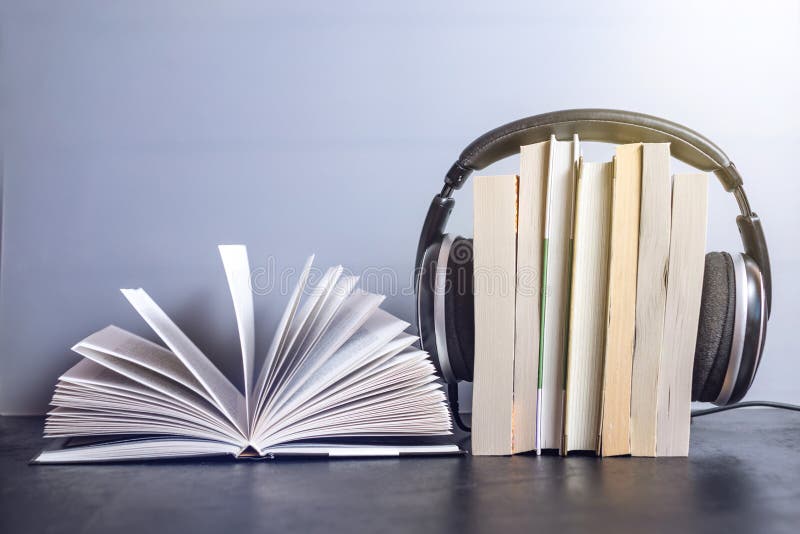 Headphones on Books and Flying Notes. the Concept of Audiobooks Stock ...