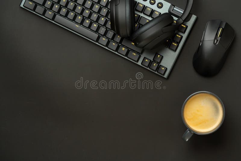 Headphones, Computer Mouse and Keyboard on Black Background Stock Image ...