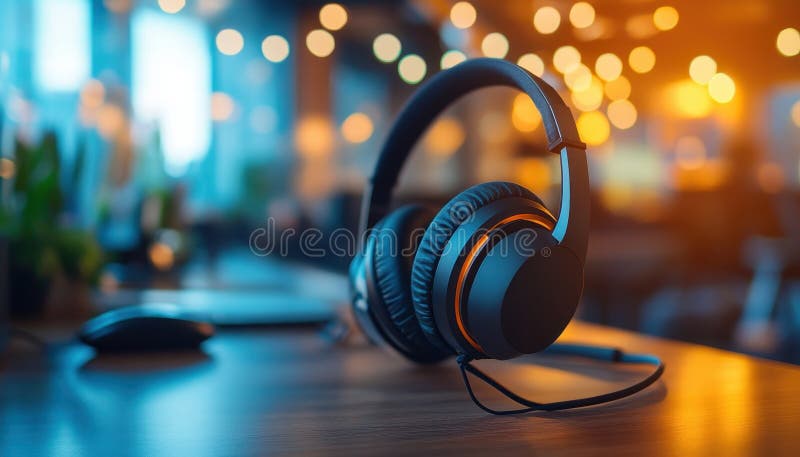 Headphones on a Desk in a Cozy Tech Workspace with Warm Lighting and ...