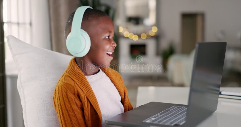 Headphones, Laptop and Boy Child on a Video Call for Math Assignment ...