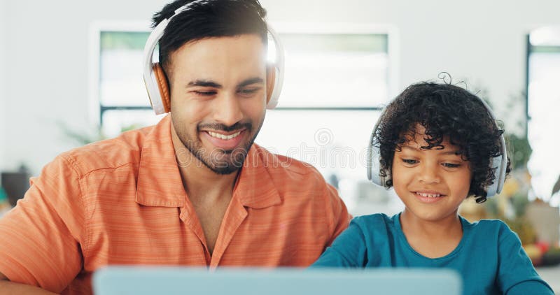 Headphones, Laptop and Dad with Child for Elearning, Education or ...