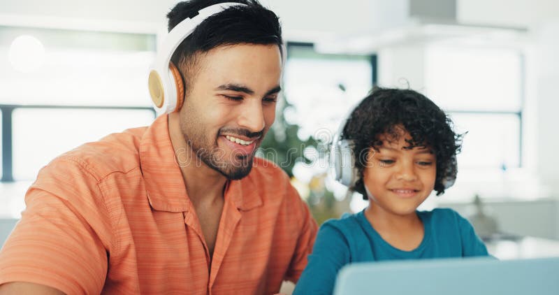 Headphones, Laptop and Father with Child for Elearning, Education or ...
