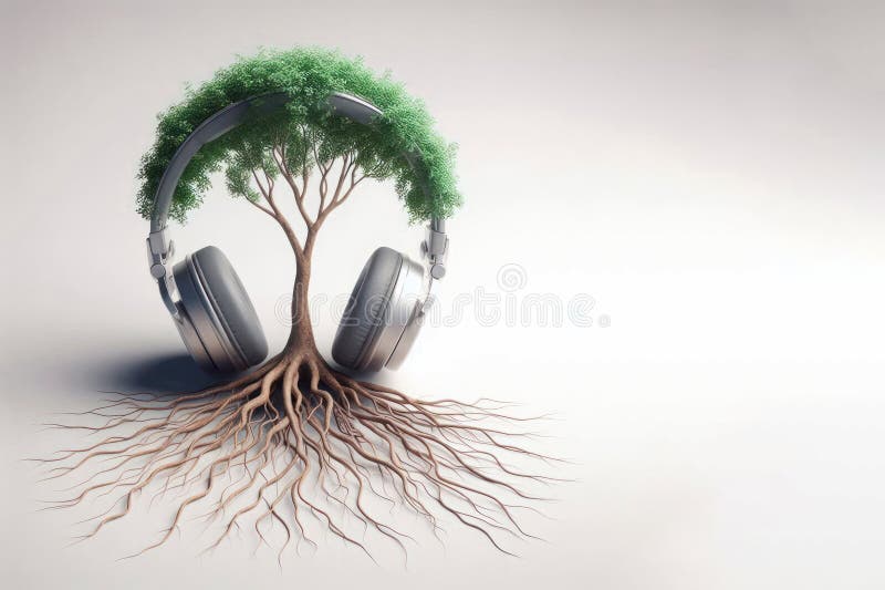 Headphones Lying on a Growing Tree. Space for Text. Stock Photo - Image ...