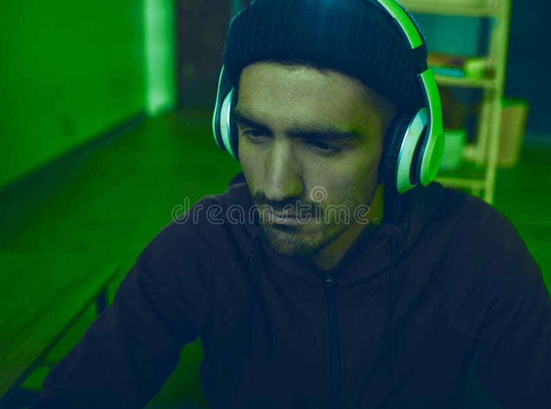 Headphones Man Or Hacker Programming Or Coding For Cybersecurity Online Crime Or Cyber Attack