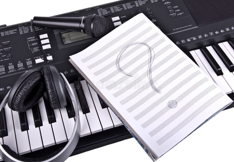 Headphones, Microphone and Notebook on Piano Stock Photo - Image of ...