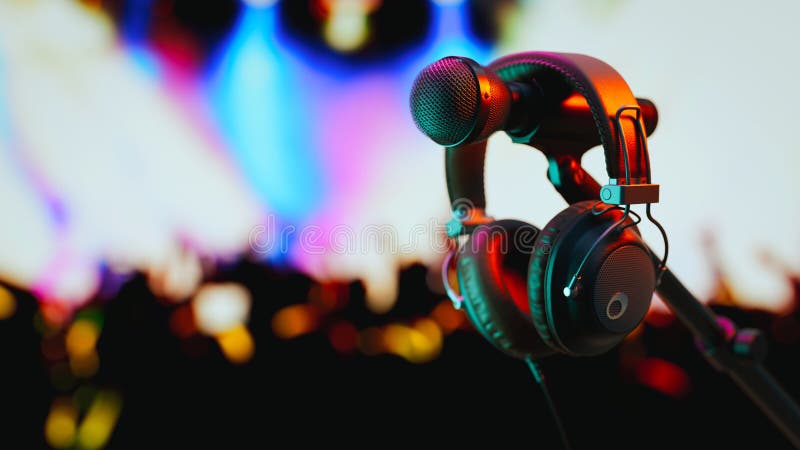 Headphones and Microphone Ready for Live Stage Performance Stock ...