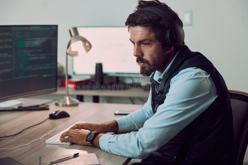 Headphones Programmer And Man Typing On Computer Coding Or Programming At Night Information 4192