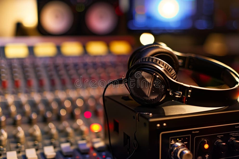 Headphones Resting on Audio Interface, Studio Rack Gear Blurred Stock ...