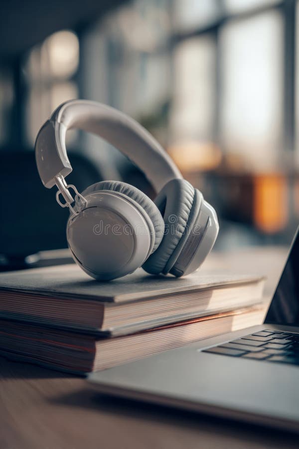 Headphones on Stack of Books Placed Next To Open Laptop Stock Image ...