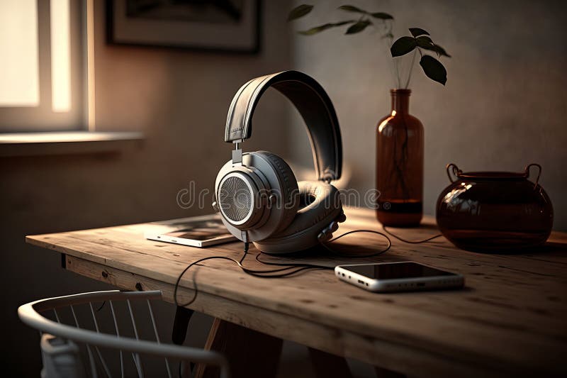 Headphones on the table stock illustration. Illustration of ...