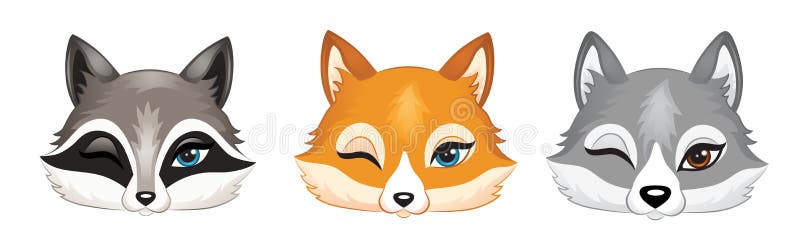 Heads of a Cute Animals Winking. Isolated on White Stock Vector ...