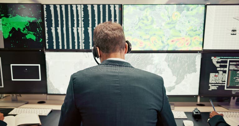 Headset, Back or Man with Screen for Maps for News, Research or Ecology ...