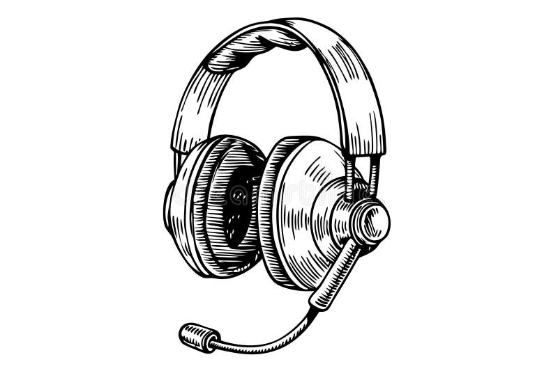 Headset Illustration with Microphone Black and White Sketch of Audio ...