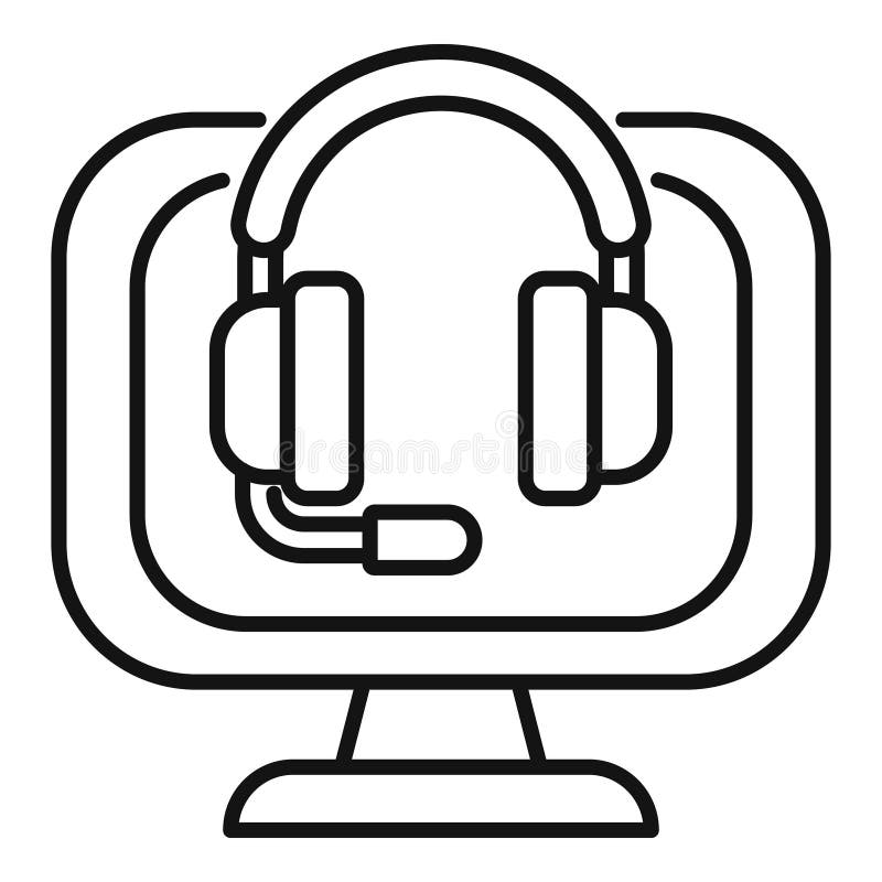 Headset Over Computer Monitor for Online Support Line Drawing Stock ...