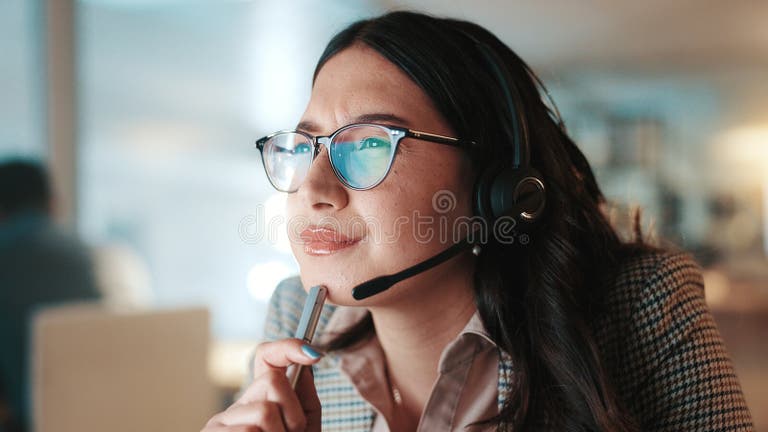 Headset, Reading and Thinking with Woman in Call Center for Assistance ...