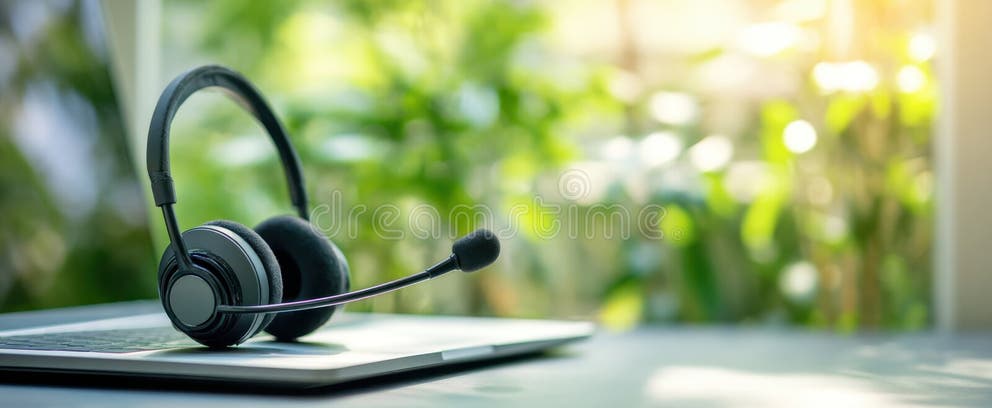 The Headset Resting on a Laptop in an Inviting Workspace with Nature ...
