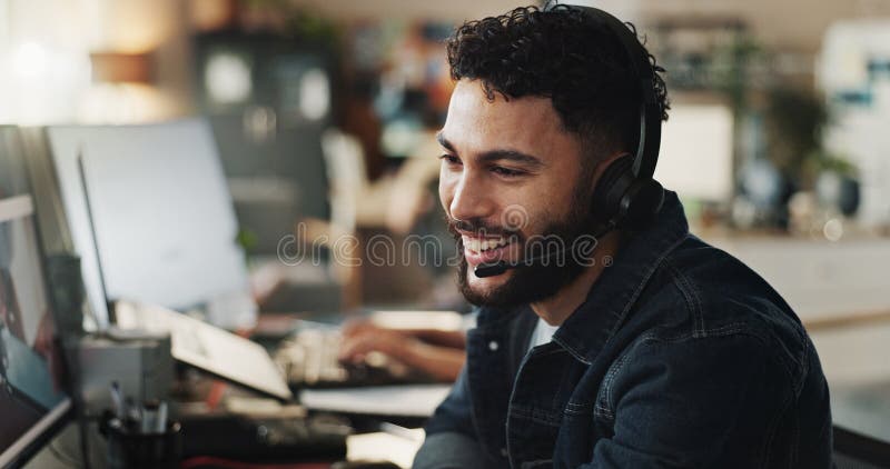 Headset, Technical Support and Man in Office with Smile, Online Help ...