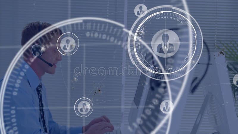 Headset-wearing Agent Typing on Keyboard in Tech Office, with Floating ...