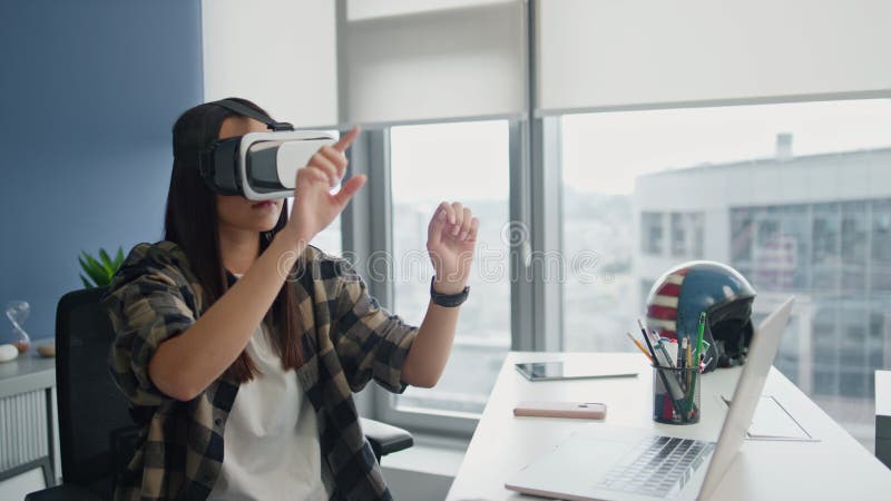 Headset Woman Examining VR at City View Flat. Creative Game Designer Working Stock Image - Image ...