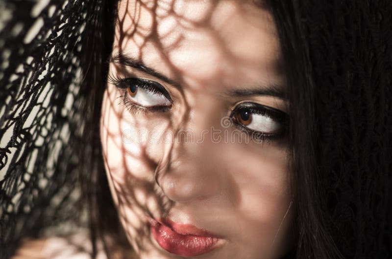 Headshot Brunette Model Using Patterned Shadows As Stock Image - Image ...
