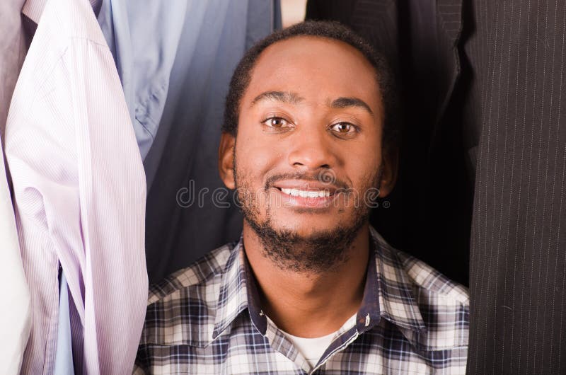 Headshot Handsome Young Man Standing Inside Wardrobe with Clothes ...