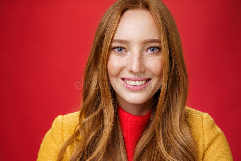 Headshot Of Hopeful And Happy Young Redhead 20s Girlfriend With Cute