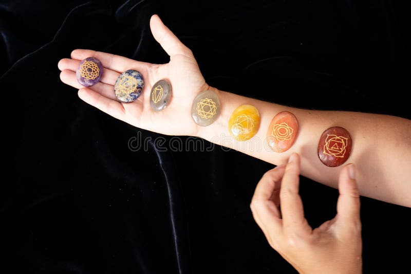 Healing Crystals on Female Hand Background, Seven Chakra Stones Stock ...