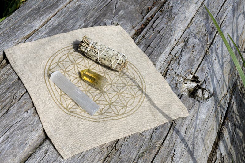 Healing Crystals and Flower of Life Crystal Grid Cloth Stock Image ...